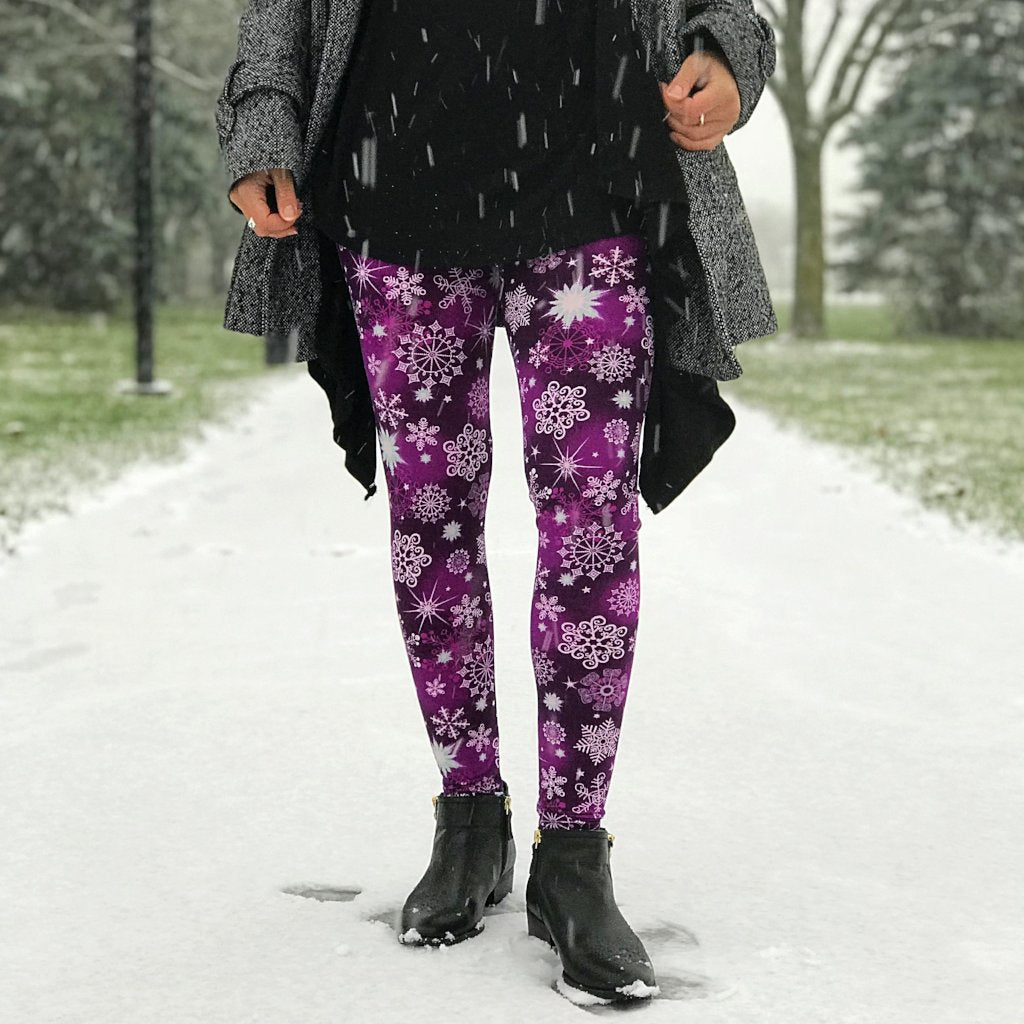 Womens High Waisted Purple and White snowflake Leggings – The Purple Puddle